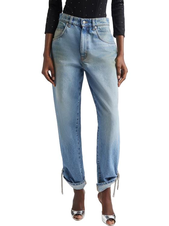 AREA Crystal Knot Straight Leg Jeans